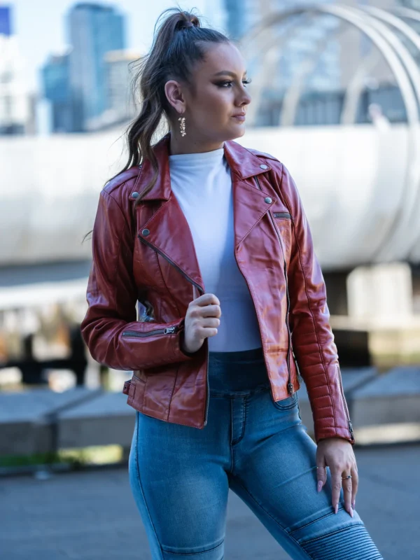 Womens Fashion Designer Leather Jacket Red Maroon
