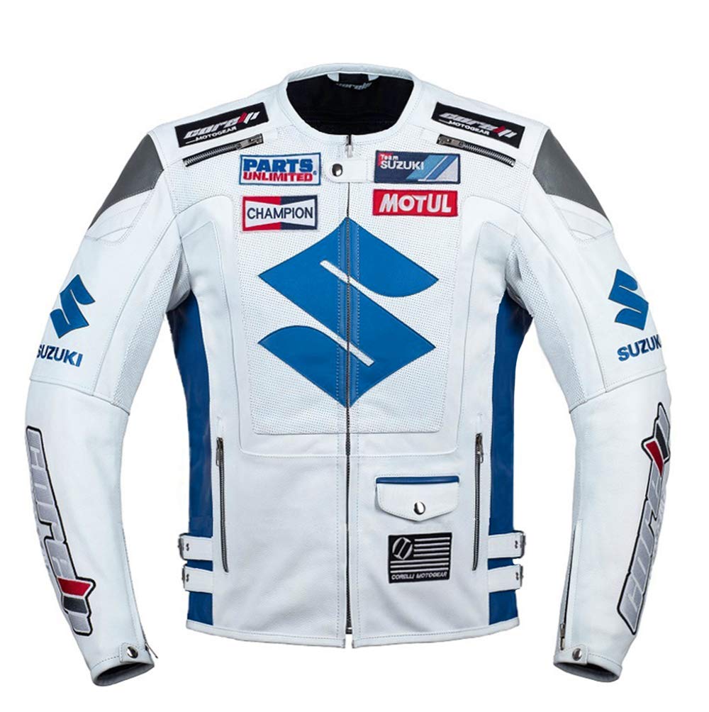 Men Suzuki Blue And White Motorcycle Jacket | Jacket Junction