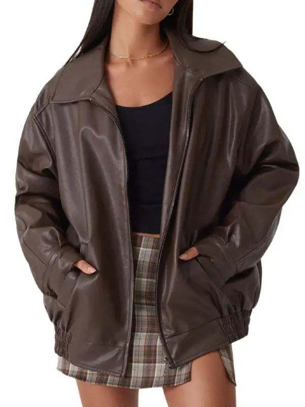 Womens Brown Baggy Leather Jacket - Jackets Junction