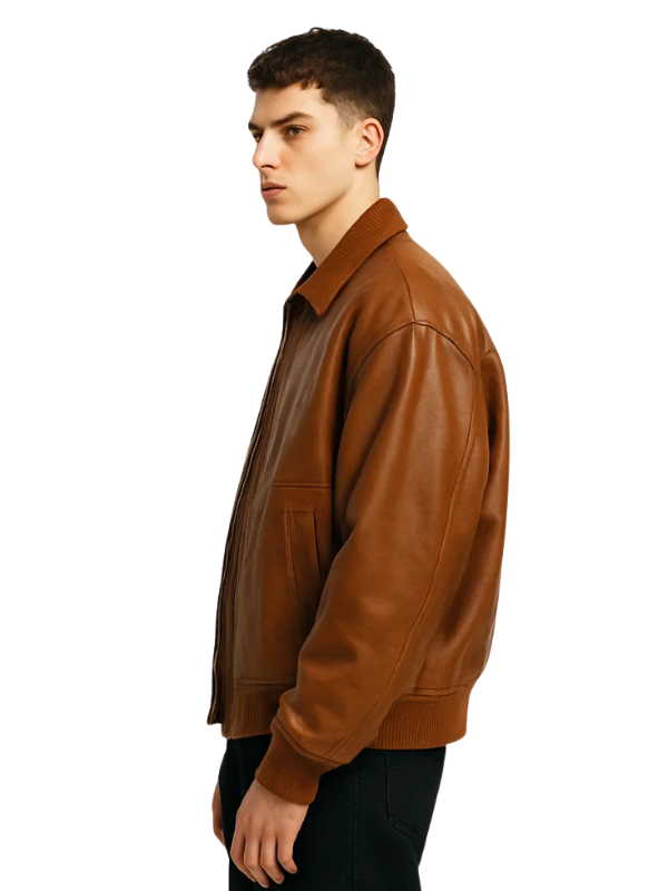 Men’s Oversized Front Pockets Brown Leather Bomber Jacket