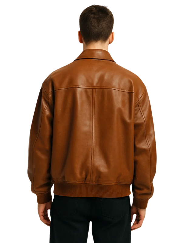 Men’s Oversized Front Pockets Brown Leather Bomber Jacket